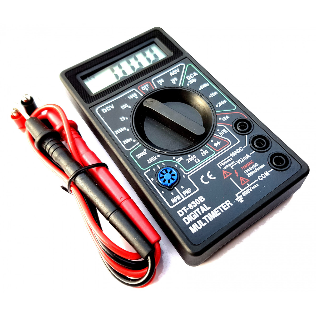 Digital multimeter measures voltage current AC DC resistance transistor ...