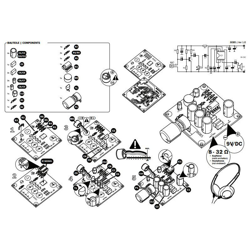 9V DC high sensitivity parabolic microphone KIT with headphone output ...