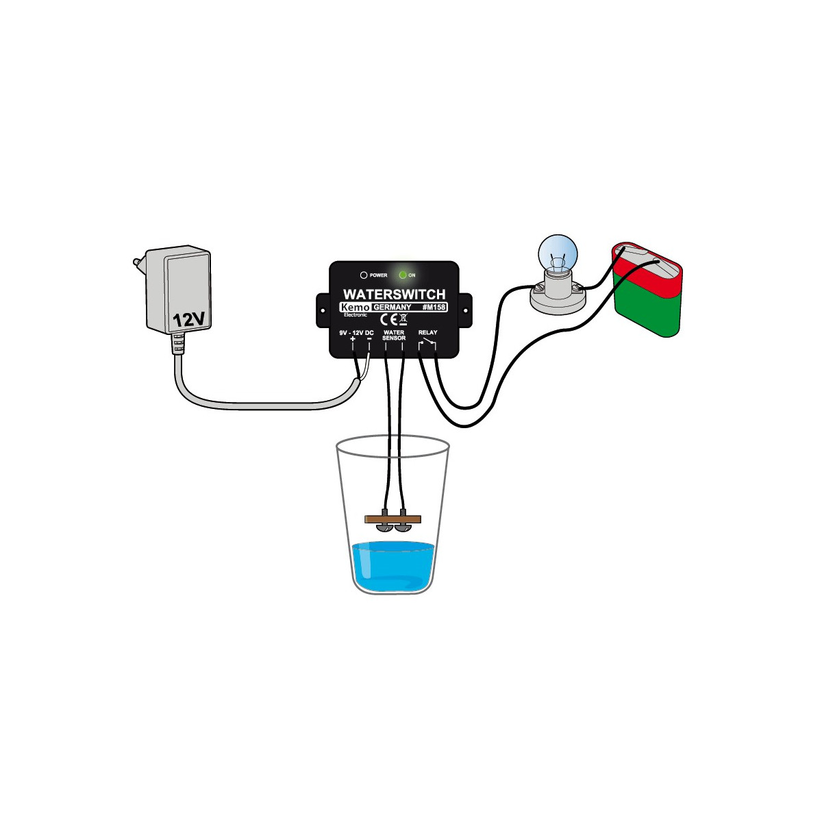 12V DC water or conductive liquid switch with relay contact at output