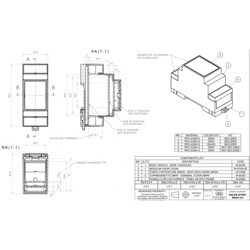 Custodia case 2 moduli guida DIN plastica PPO dimensioni 90 x 36 x 53mm ...