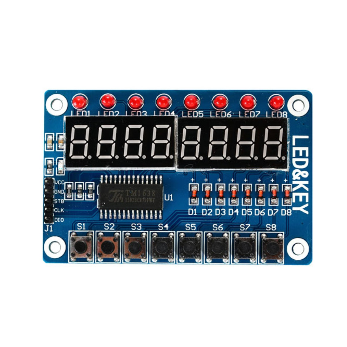 Scheda con 8 LED 8 digit 7 segmenti 8 pulsanti interfaccia per Arduino