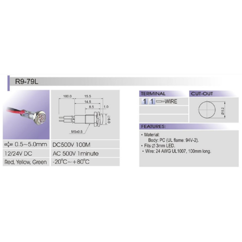 Flat green LED light 24VDC Ø5,2mm IP40 conductors 100mm