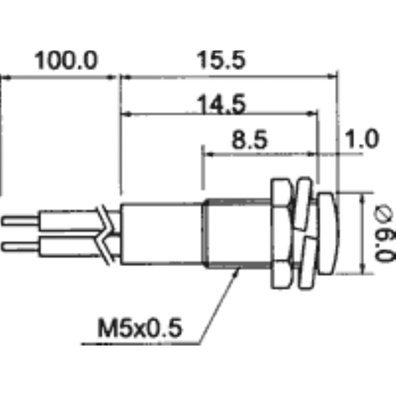 Flat green LED light 24VDC Ø5,2mm IP40 conductors 100mm