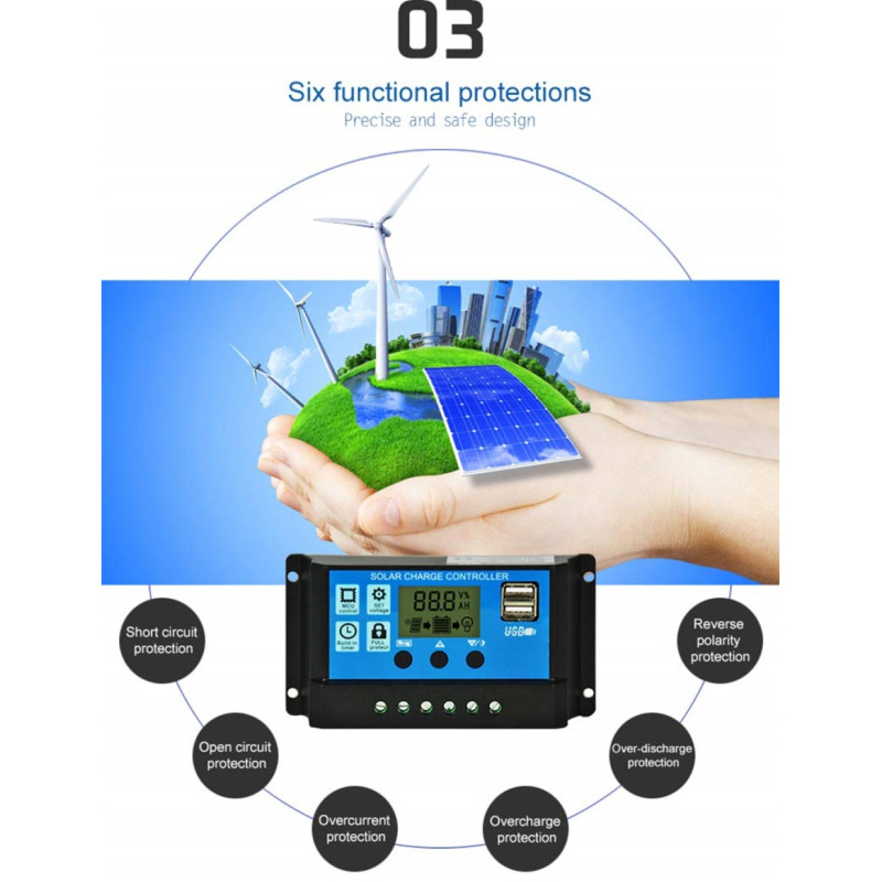 Contrôleur de charge solaire PWM 12/24 V 10A